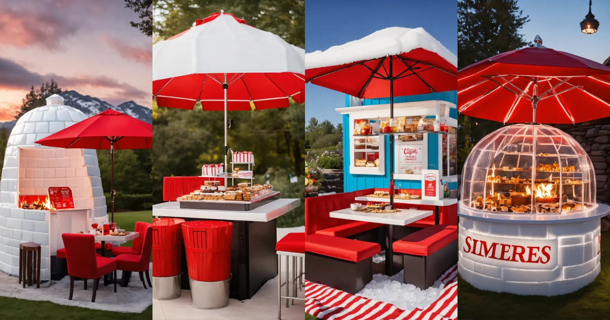Lexica - Elegant ice igloo booth to sell smores outdoor with a red umbrella