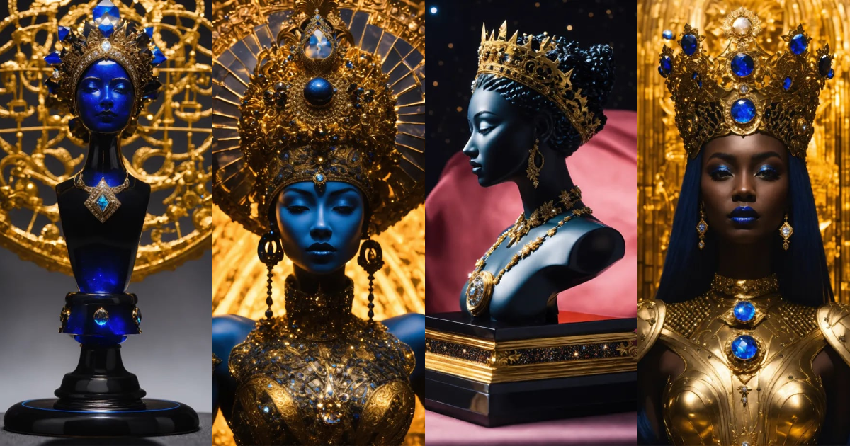 Lexica - Minimalism. Black Solar Queen with long oversized blue flowing ...