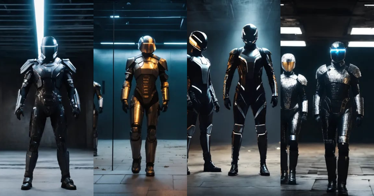 Lexica - An ultrarealistic photograph of three different minimalist futuristic full body power ...