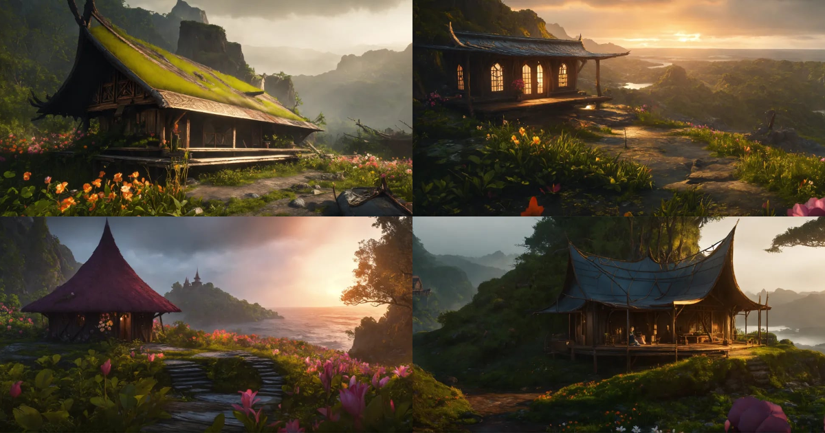 Lexica - Raw photo, a elven style hut on a clifftop high above a gloomy ...