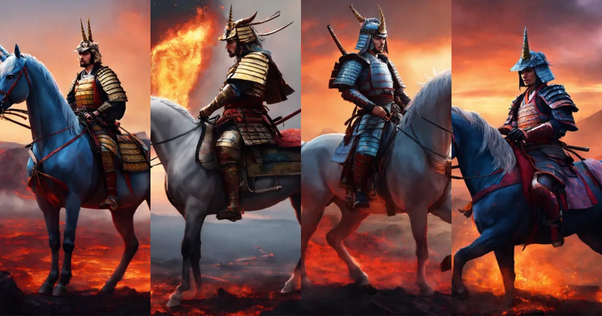 Lexica - Unicorn samurai. Volcanic wasteland. Hyper realistic.