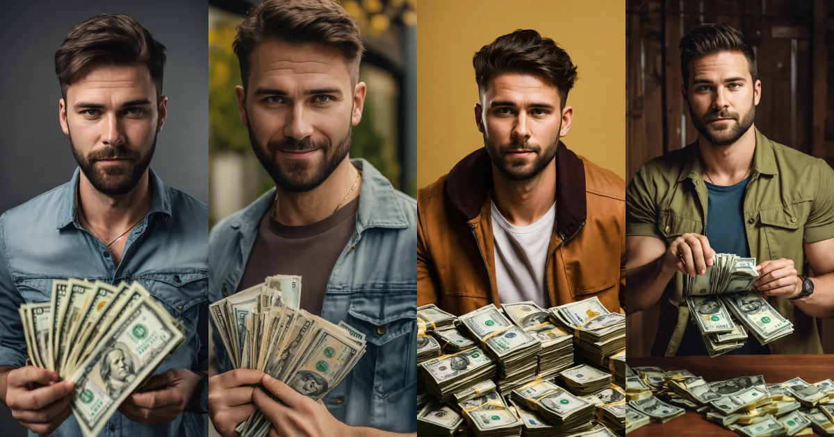 Lexica - A guy in his 30s is holding a big pile of cash dollars. The ...