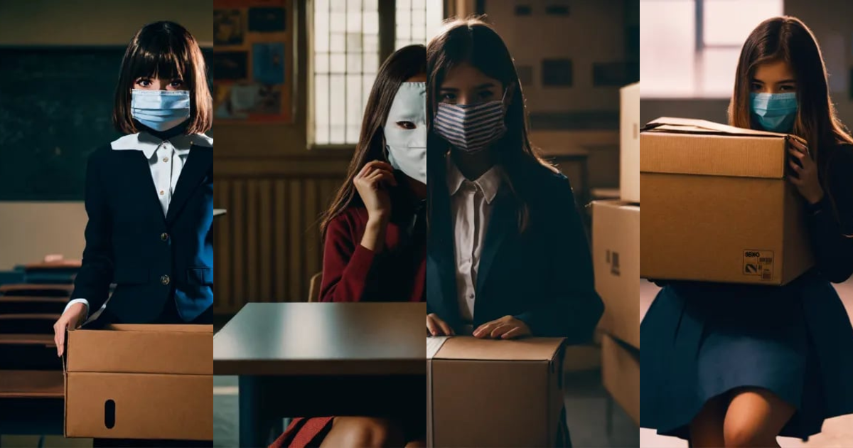 Lexica - School girl; masked face with cardboard box; skirt; in ...
