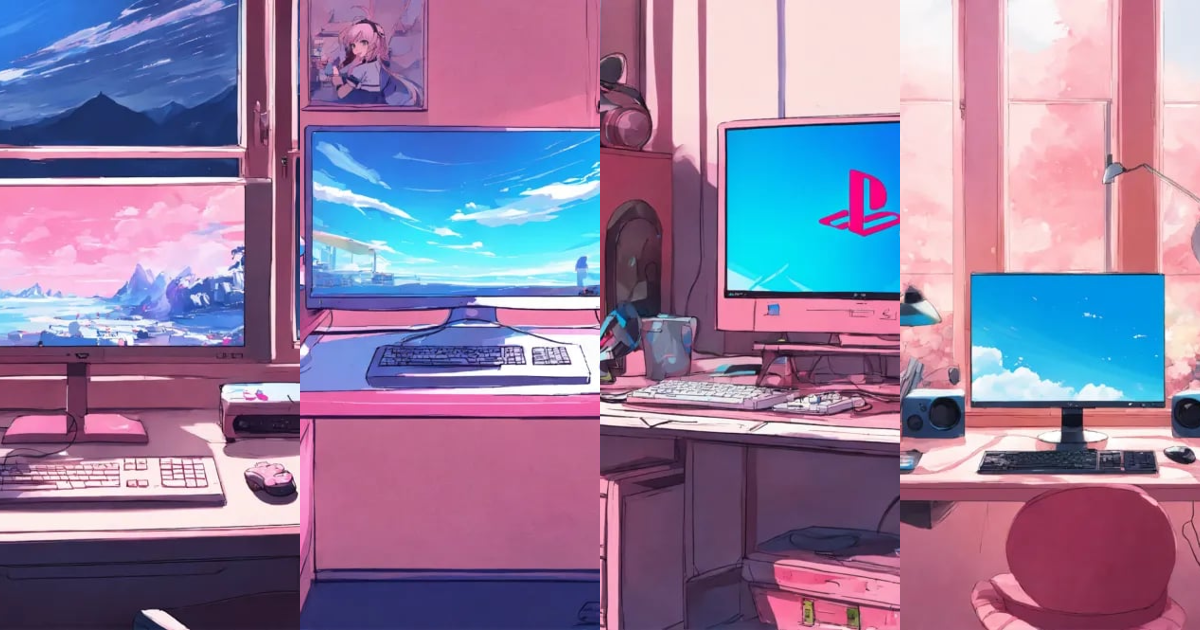 Lexica - Pink, white and blue anime desk, computer, playstation ...