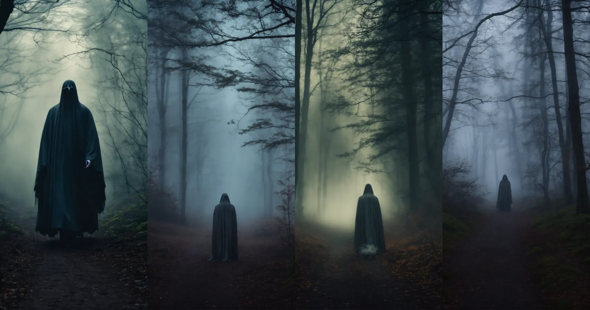 Lexica - Haunted ghost, scary, stalker, dark tones, misty forest, phantom