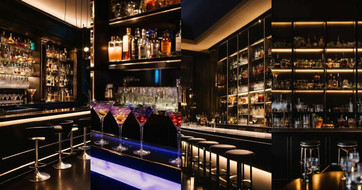 Lexica - A fancy black bar stocked with clean cocktail glasses in black ...