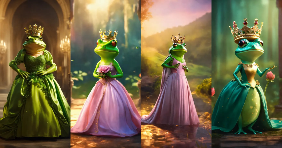 Lexica - Cute lady frog in dress and crown dressed in gown in cinematic ...