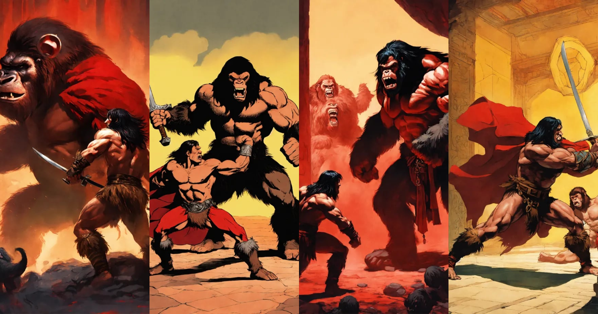 Lexica - Conan the barbarian fighting a ape man wearing a red cape in a ...