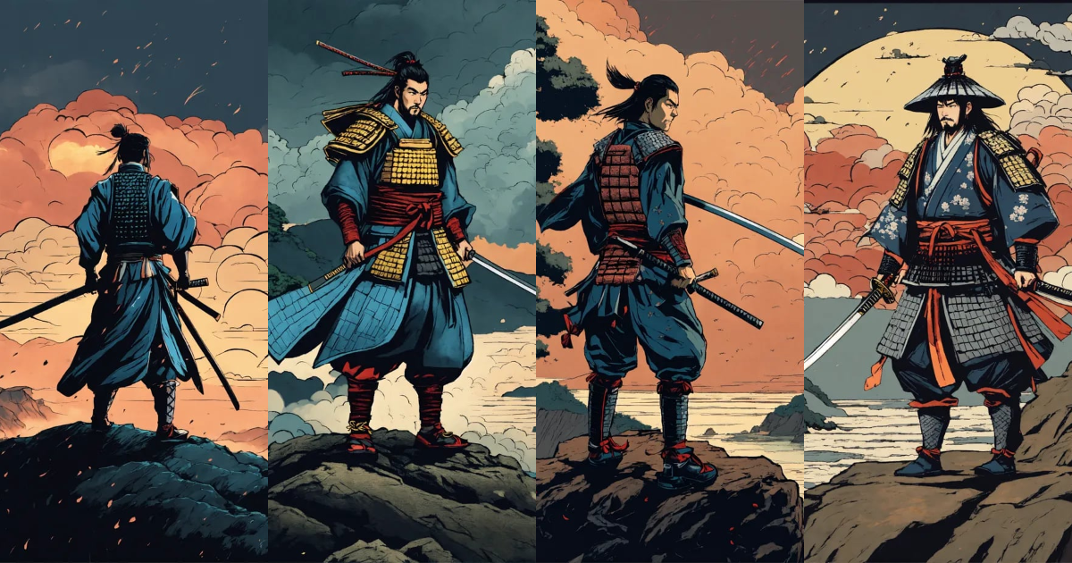 Lexica - A Japanese samurai, standing on cliff, in thunderstorm, in ...