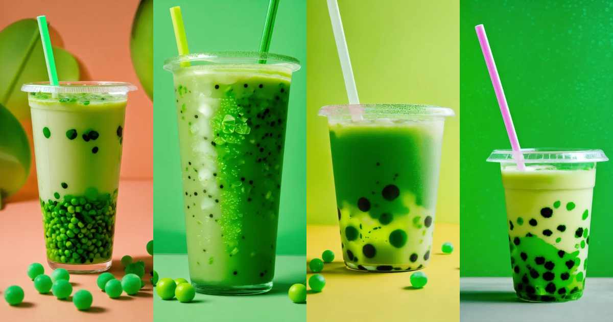Lexica - Floating green boba tea. A lot of bobas. Stickers on cup ...