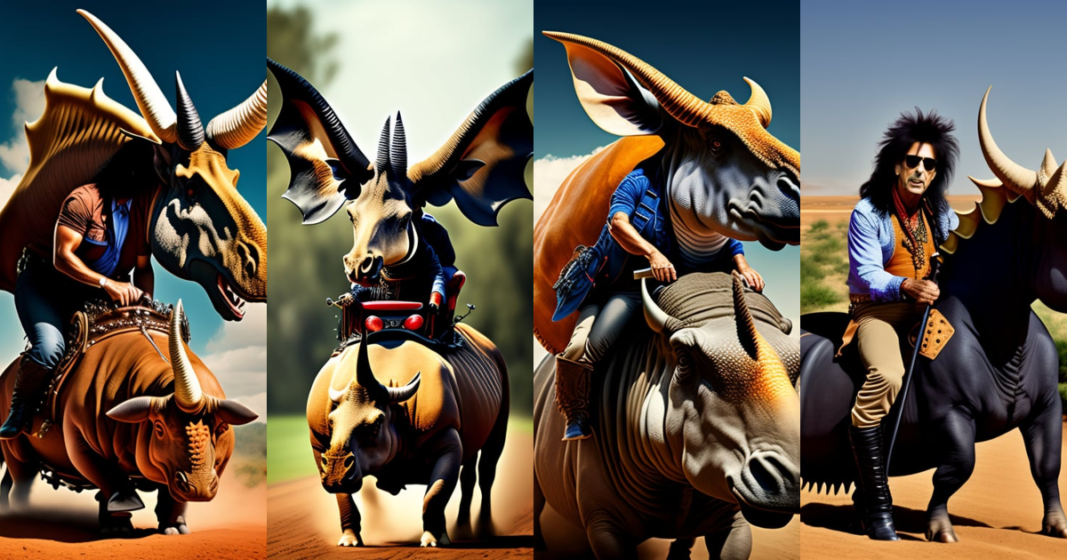 Lexica - Alice Cooper riding a triceratops