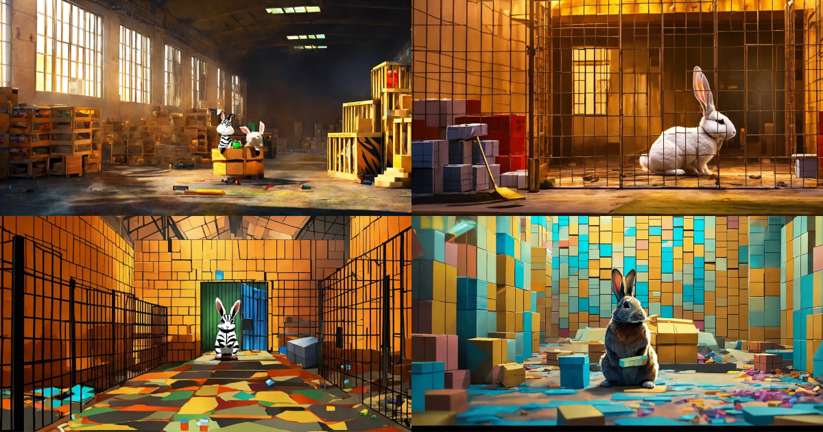 Lexica - Jail, a rabbit in the color of a zebra breaks glass boxes with ...