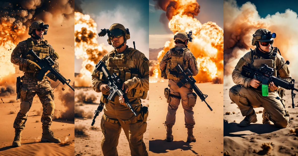 Lexica - A solder with an AR-15 in the desert, explosion behind him, 8k ...
