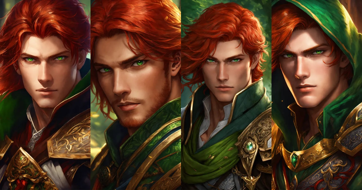 Lexica - "heroic male swordsman", red hair, fantasy, duelist, green ...