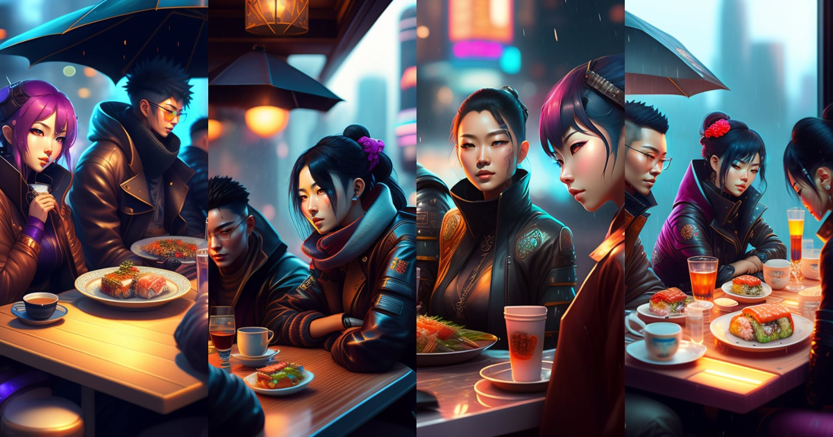 Lexica - A group of cyberpunk cyborg eating sushi on a table outside in ...