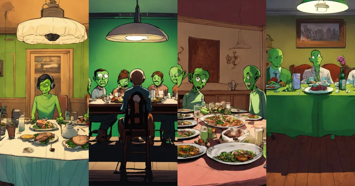 Lexica - Create a comic cartoon poster depicting a dinner scene where ...