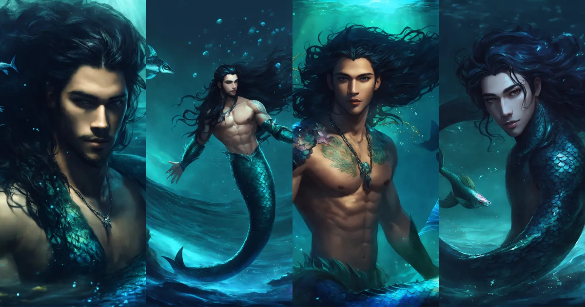 Lexica - A merman from dark fantasy, light skin, long ponytail black ...