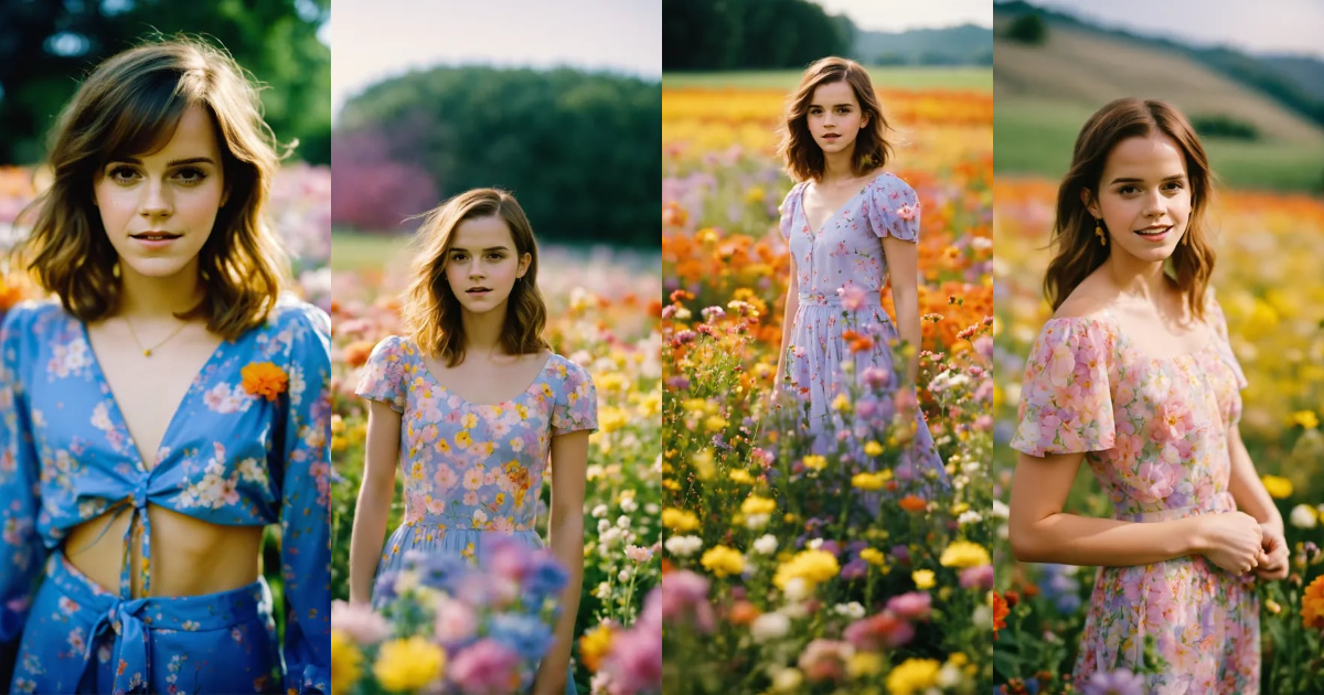 Lexica - Happy Emma Watson standing in a beautiful field of flowers ...