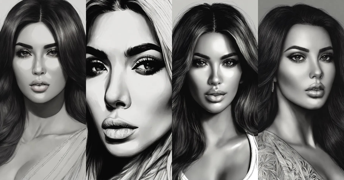 Lexica - Kim Kardashian drawing, hatched style line art, monochrome