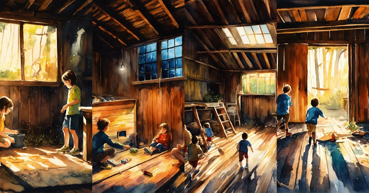 Lexica - Illustration of kids playing inside abandoned wooden shed ...