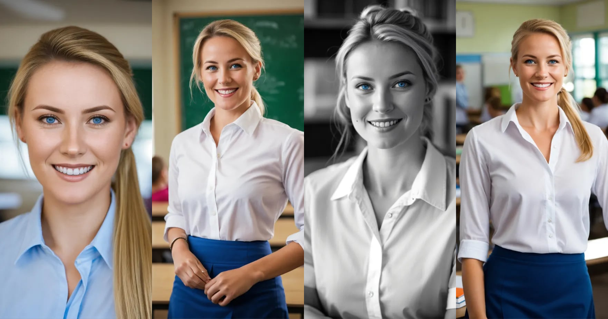 Lexica - Headshot of a female teacher in her 30s with blonde hair up in ...