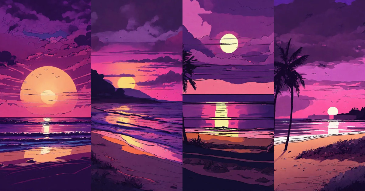 Lexica - Beach, dark purple sunset, comic type