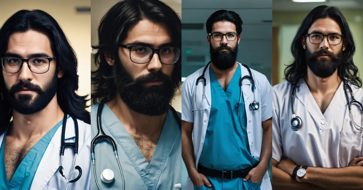 Lexica - Hospital nurse man with black long hair, and thin beard with ...