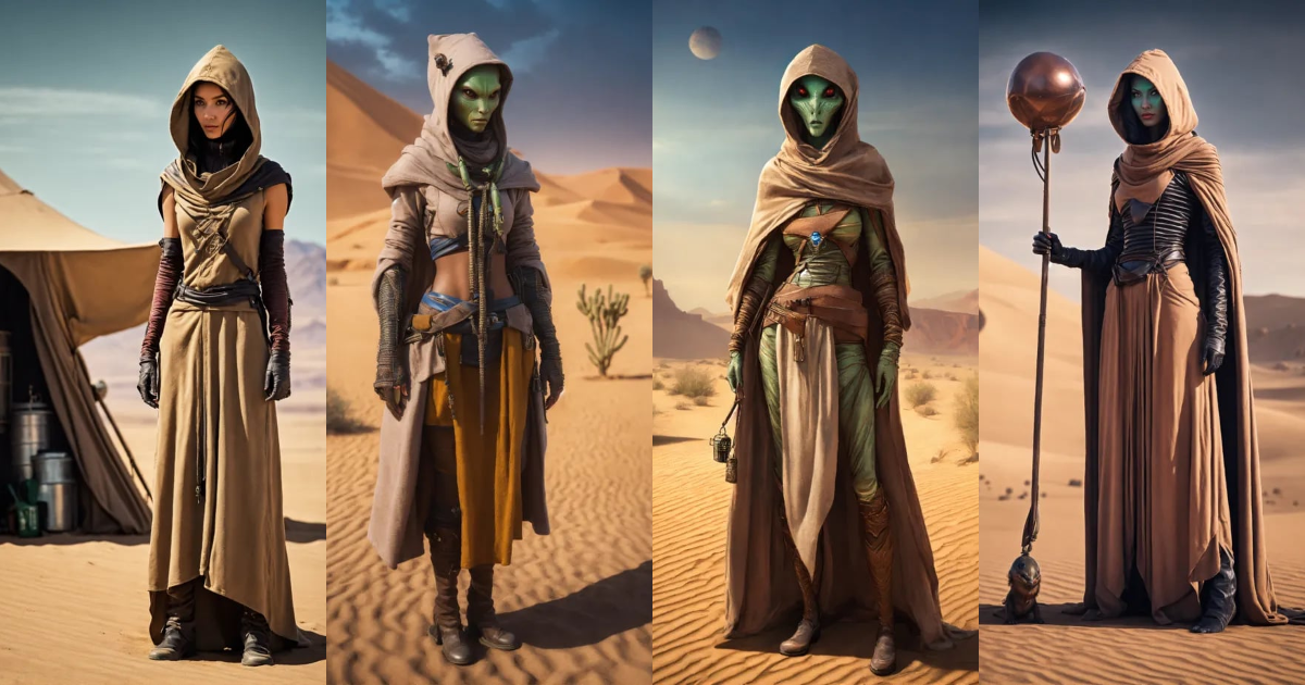 Lexica - Very slim and tall female alien creature merchant on a desert ...