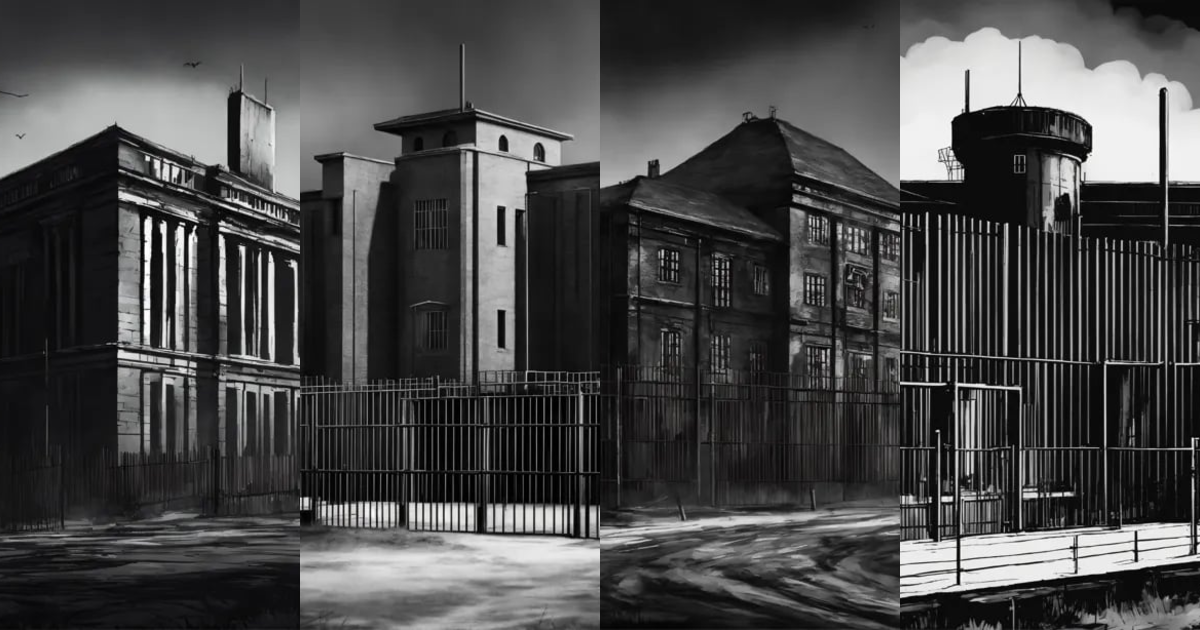 Lexica - A black and white illustration of an evil prison building ...