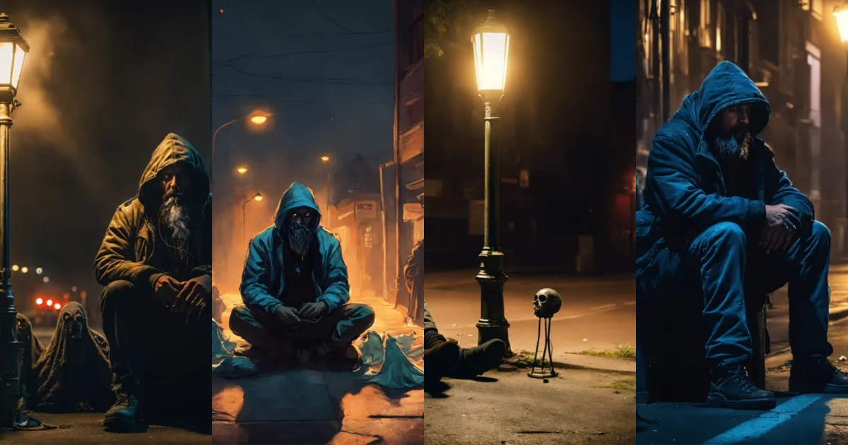 Lexica - An afraid homeless person, sitting down under a street light ...