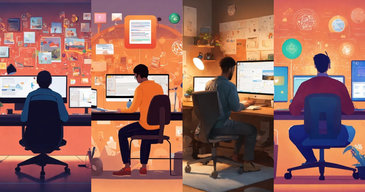Lexica - Person sitting at a desk, working on a computer, surrounded by ...
