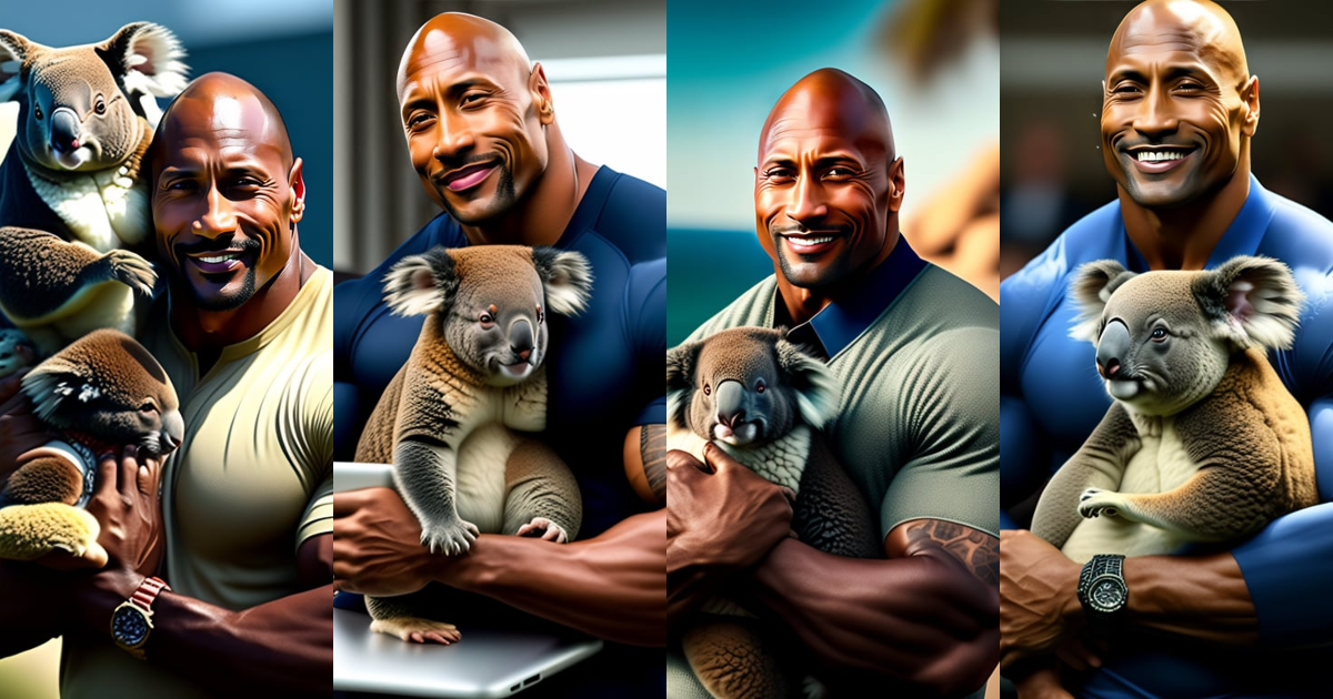 Lexica - Dwayne johnson holding a koala in one hand and a laptop in another