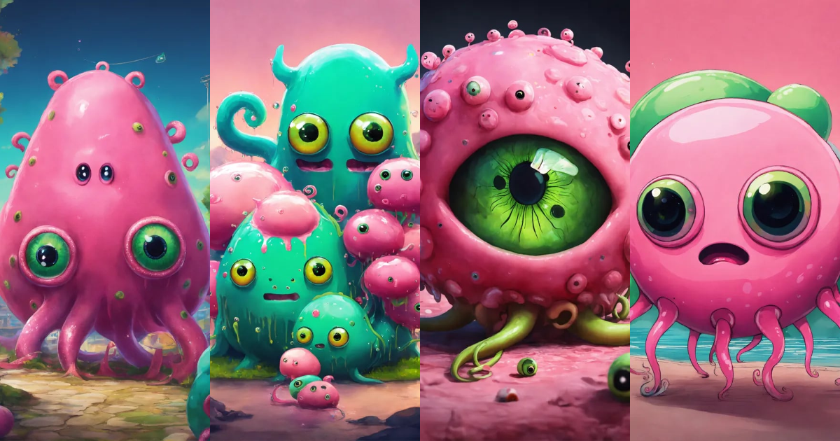Lexica - Five eyeballs on a kawaii pink blob monster with skinny green ...
