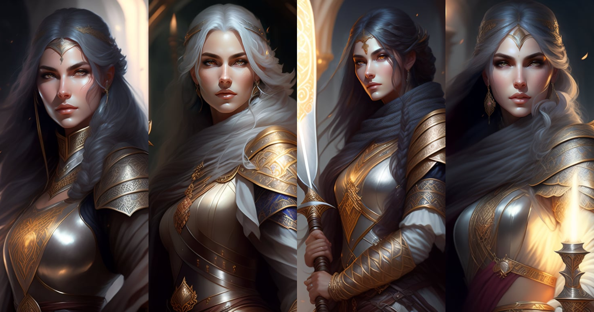Lexica - Female cleric in center, dnd, fantasy, gray hair, holding ...