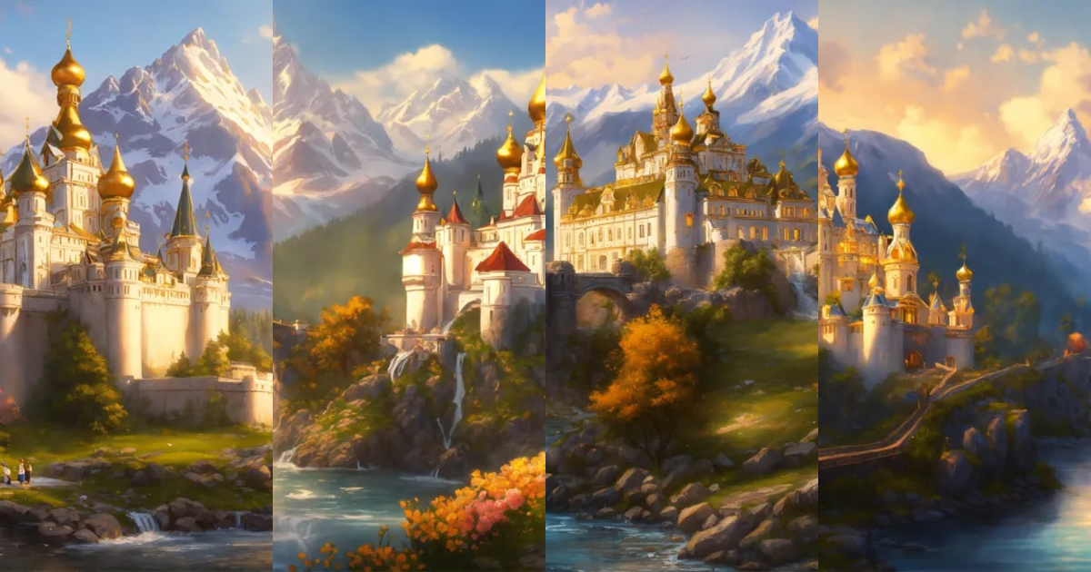 Lexica - Flowers, white and gold Russian castle with pointed gold domes ...