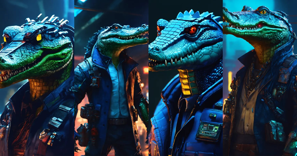 Lexica - A cyberpunk crocodile, 4k, badass, final boss blue