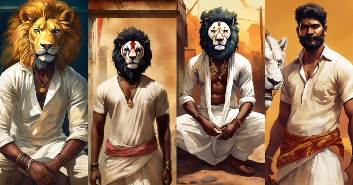 Lexica - A tamil goon wearing white lungi , and a lion mask in a gritty ...