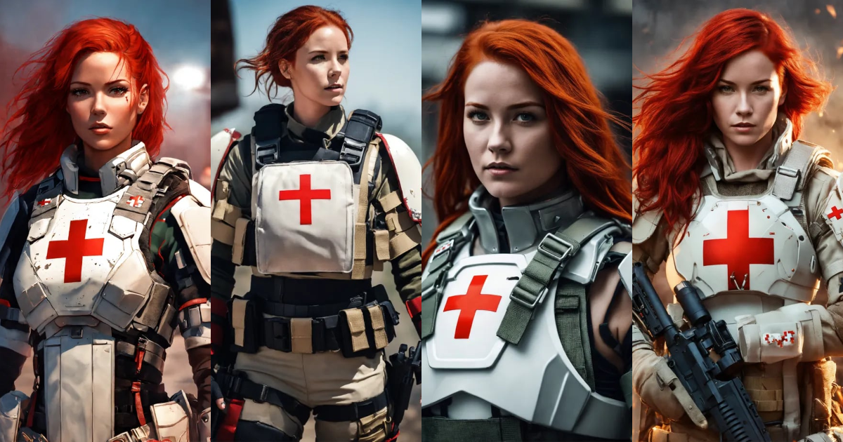 Lexica - Female red hair athletic combat medic wearing white metal ...