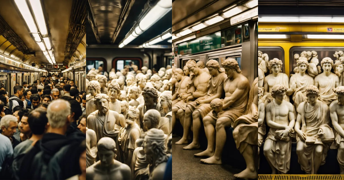 Lexica - Many Greek marble statues sitting in a very crowded subway ...