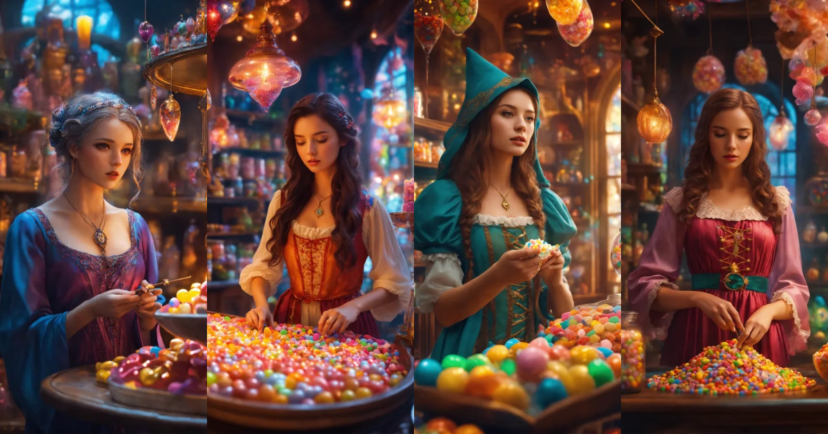 Lexica - Beautiful wizard girl conjuring in a fairy tale candy shop ...