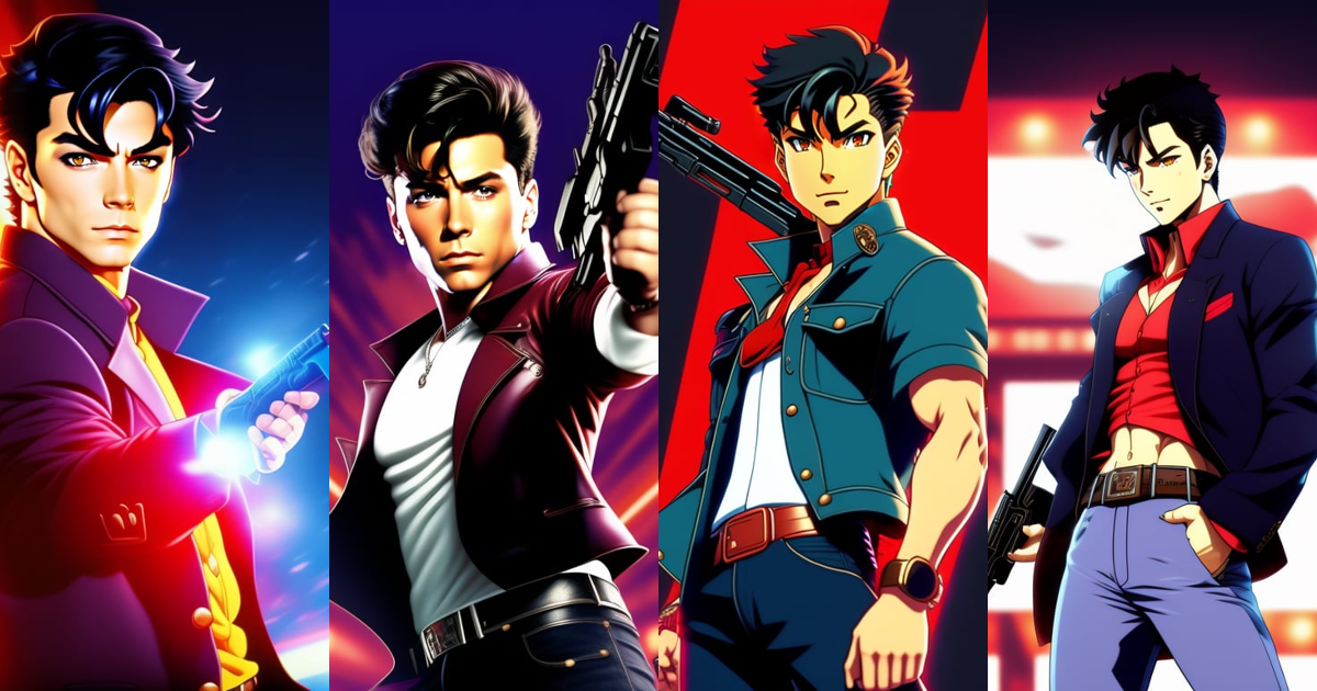 Lexica - Jason Dean from Heathers holding a gun, anime style, action pose