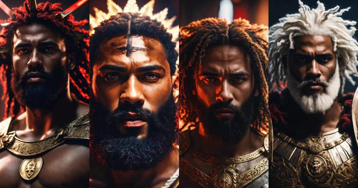 Lexica - Black Christ red eyes white afro hair and beard gladiator ...