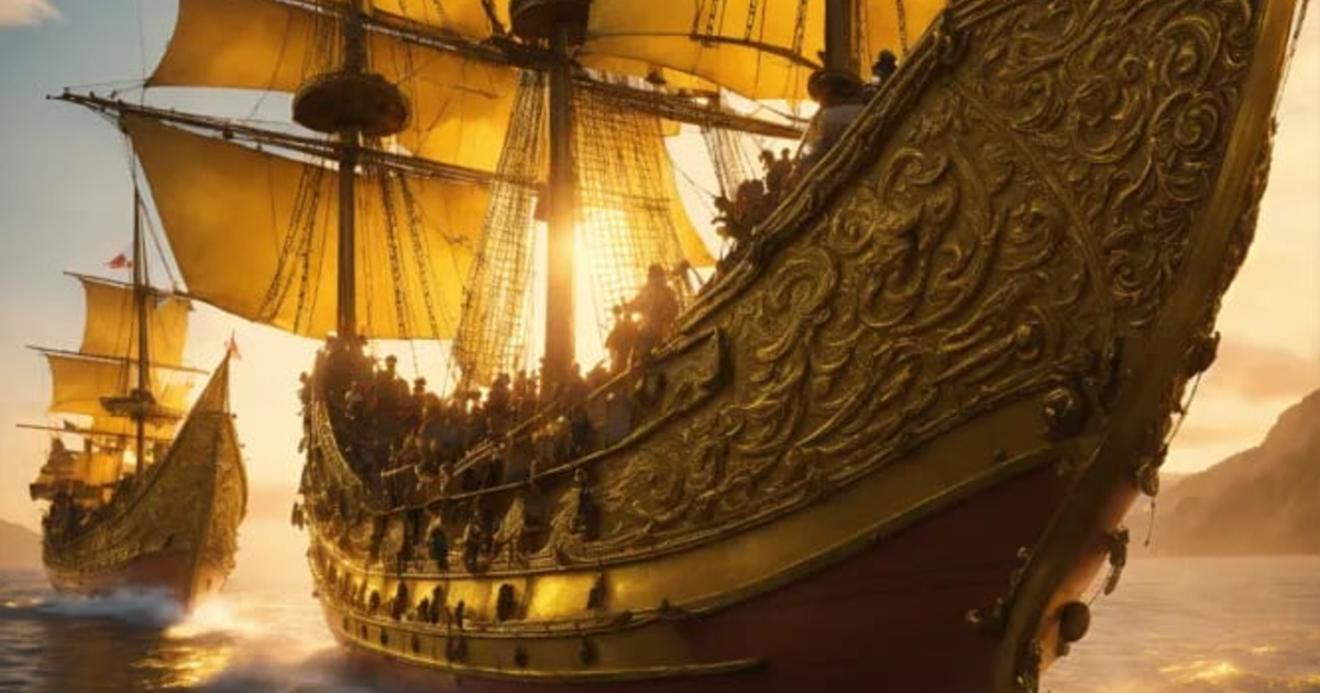 Lexica - Realistic,5(((four large))) medieval golden ships with ...