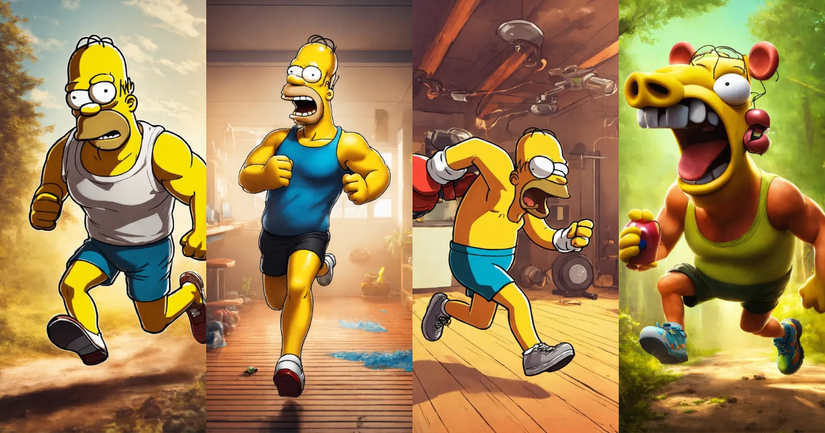 Lexica - Humoristic Homer Simpson body mixed with wild boar head running, amazing high tech ...