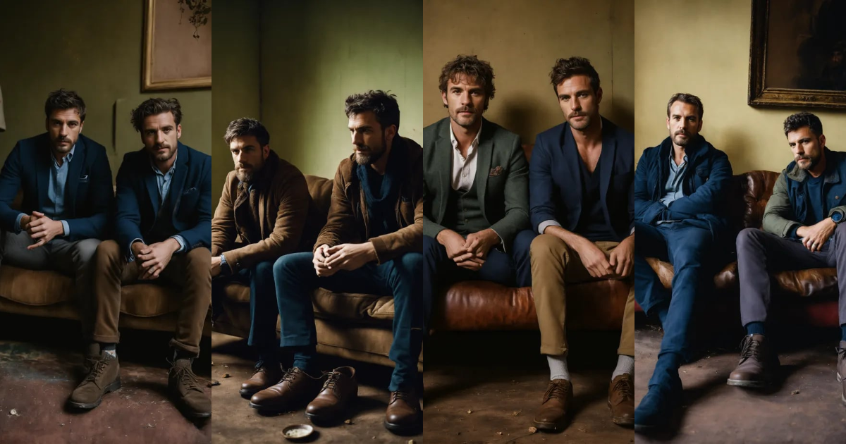 Lexica - 2 scruffy British men, sitting on a small, old, dirty couch ...