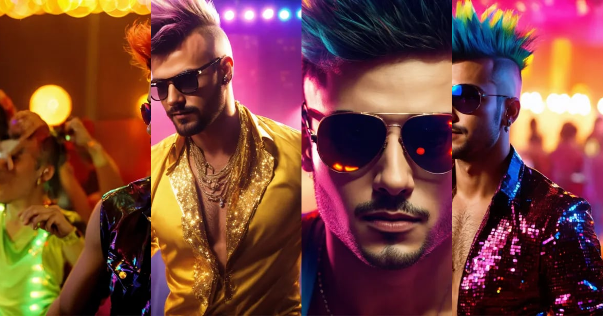 Lexica - Cute man, style disco dancer, eyes visible, dancing, mohawk