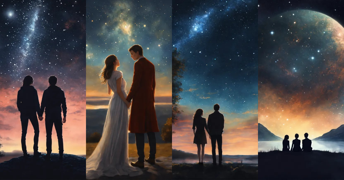 Lexica - Realistic drawing, three lovers, in the background stellar sky