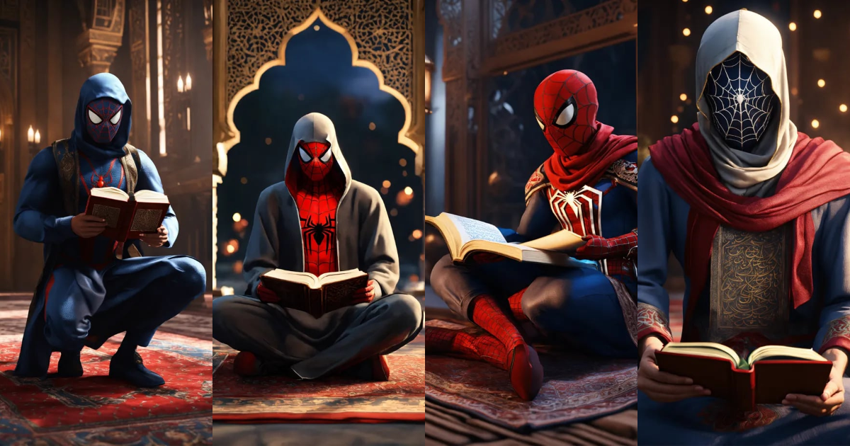 Lexica - Spiderman wearing skull cap, holding prayer mat on his ...