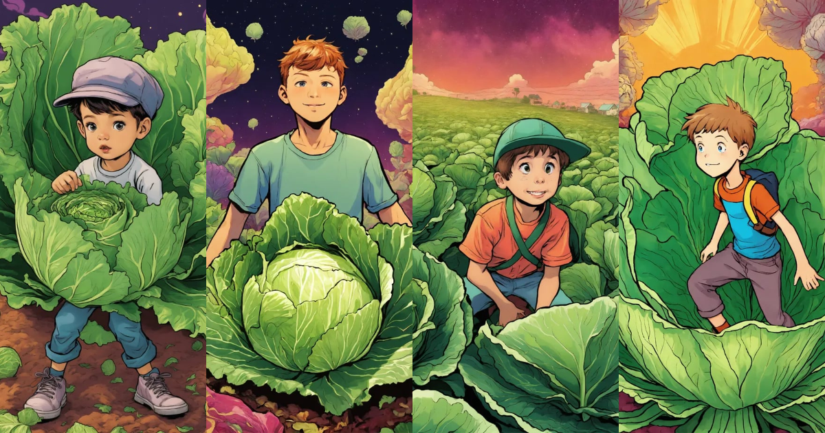 Lexica - A boy get into the cabbage. comics, psychedelic background