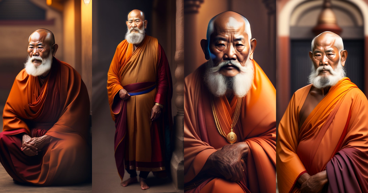 Lexica - Buddhist old monk focus on camera, full body, medium beard